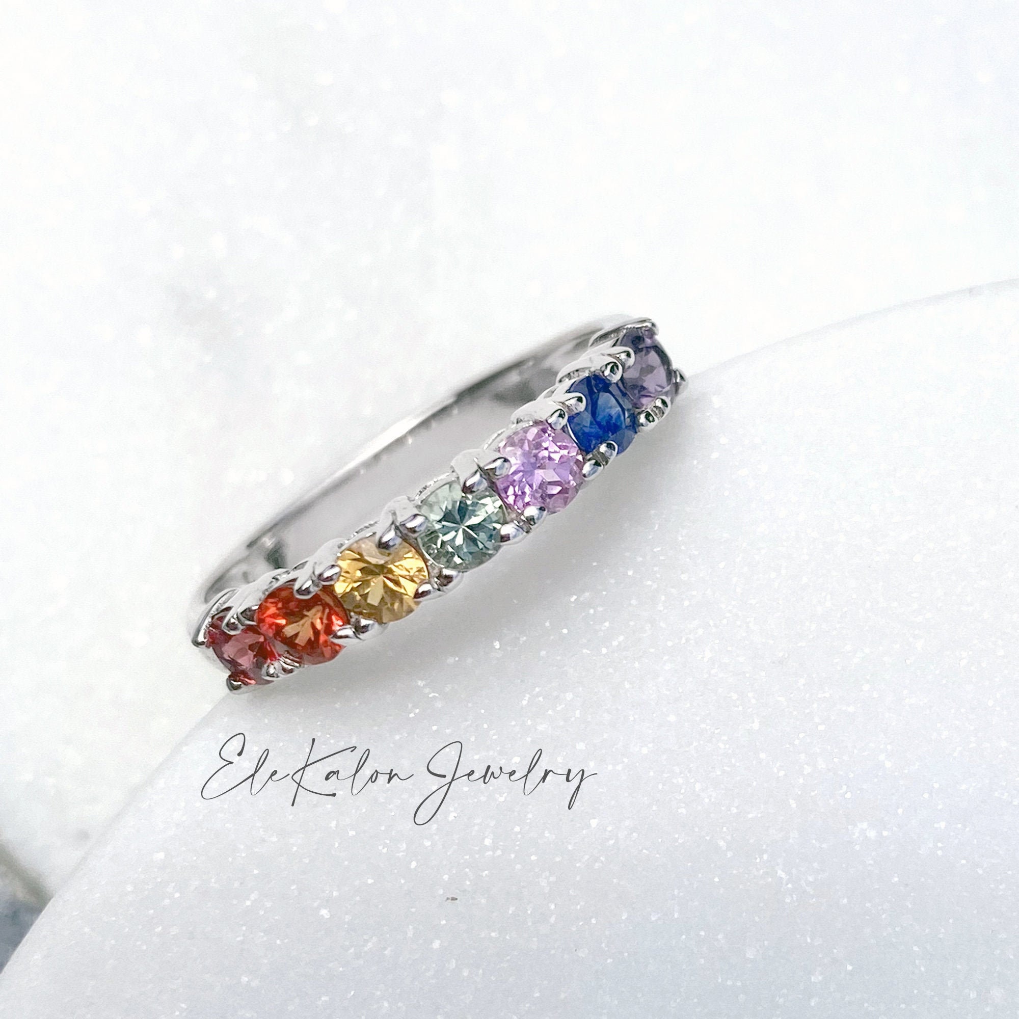 Rainbow Sapphire 14k Gold multi sapphire ring half eternity | Etsy