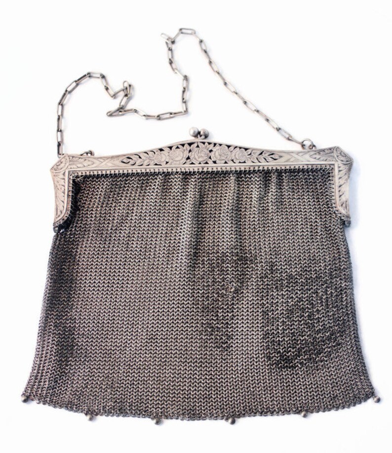 Antique Mesh Purse Edwardian Chainmail Bag Wrist Bag Chiseled Rose ...