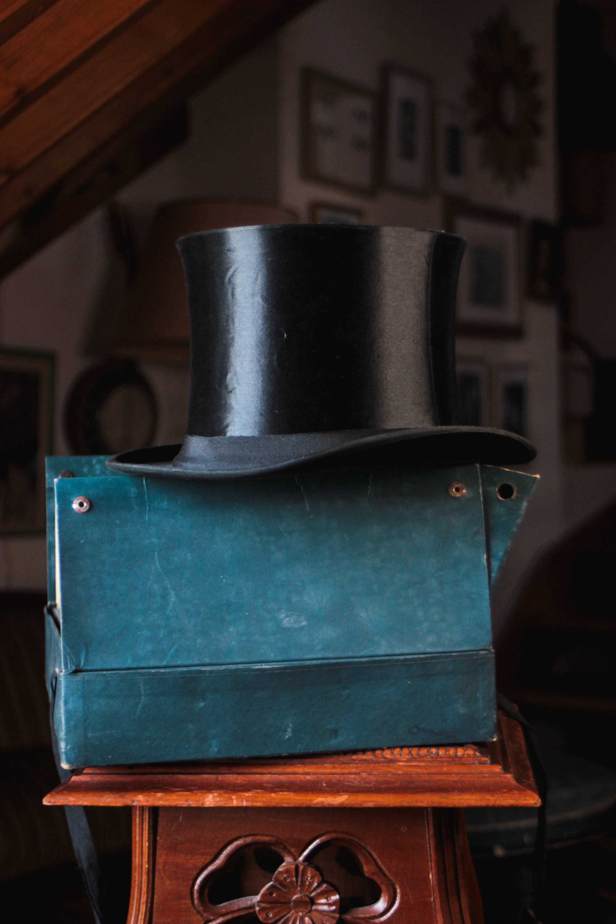 Antique Black Silk Top Hat in Original Box Collapsible Cylinder Opera ...