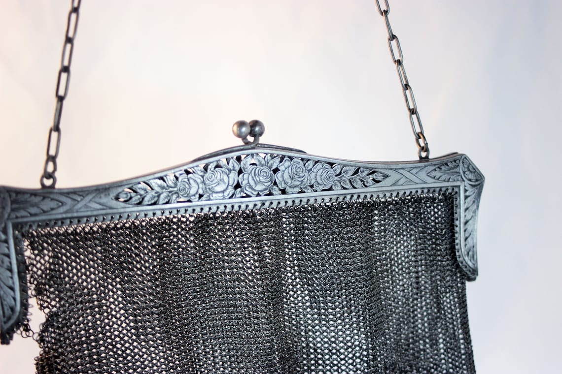 Antique Mesh Purse Edwardian Chainmail Bag Wrist Bag Chiseled Rose ...