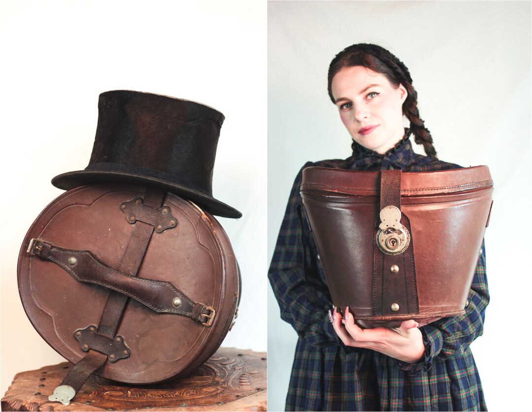 Victorian Top Hat Box, Leather Case With Storage Compartment Lined in ...
