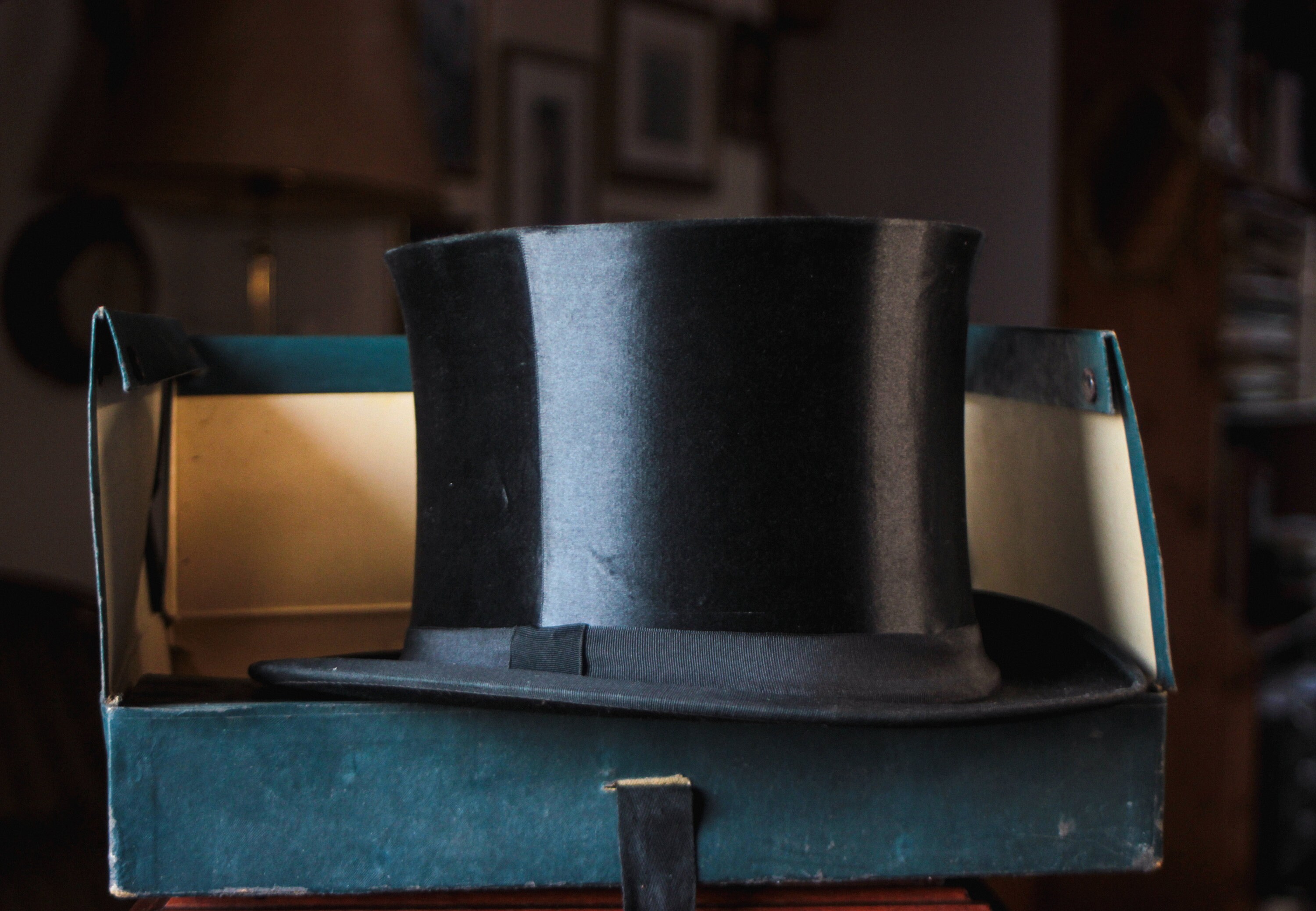 Antique Black Silk Top Hat in Original Box Collapsible Cylinder Opera ...