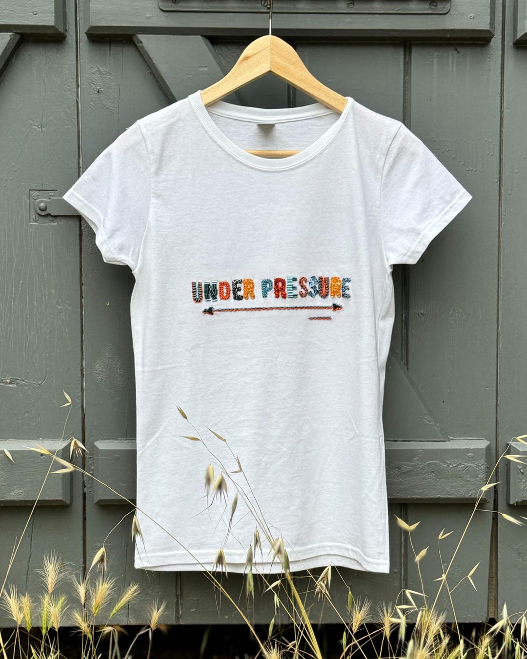 Hand Embroidered, White T-shirt UNDER PRESSURE, T-shirt Message ...