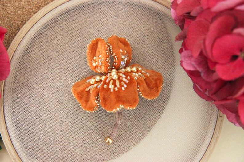 Embroidered Iris Brooch, Crystal Beaded Flower Brooch, Velvet Iris ...