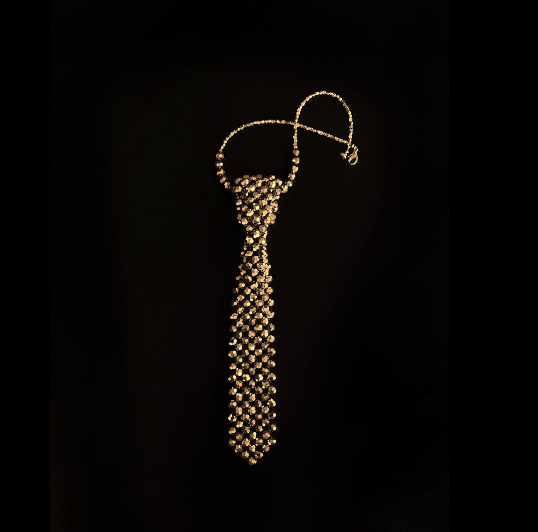 Pearl Necktie, Crystal Tie, Gold Beaded Tie, Elegant Unisex Necklace ...