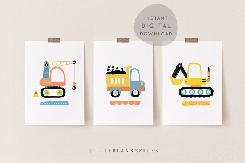 Construction Vehicles Print Set of 3 Three PRINTABLE | Etsy
