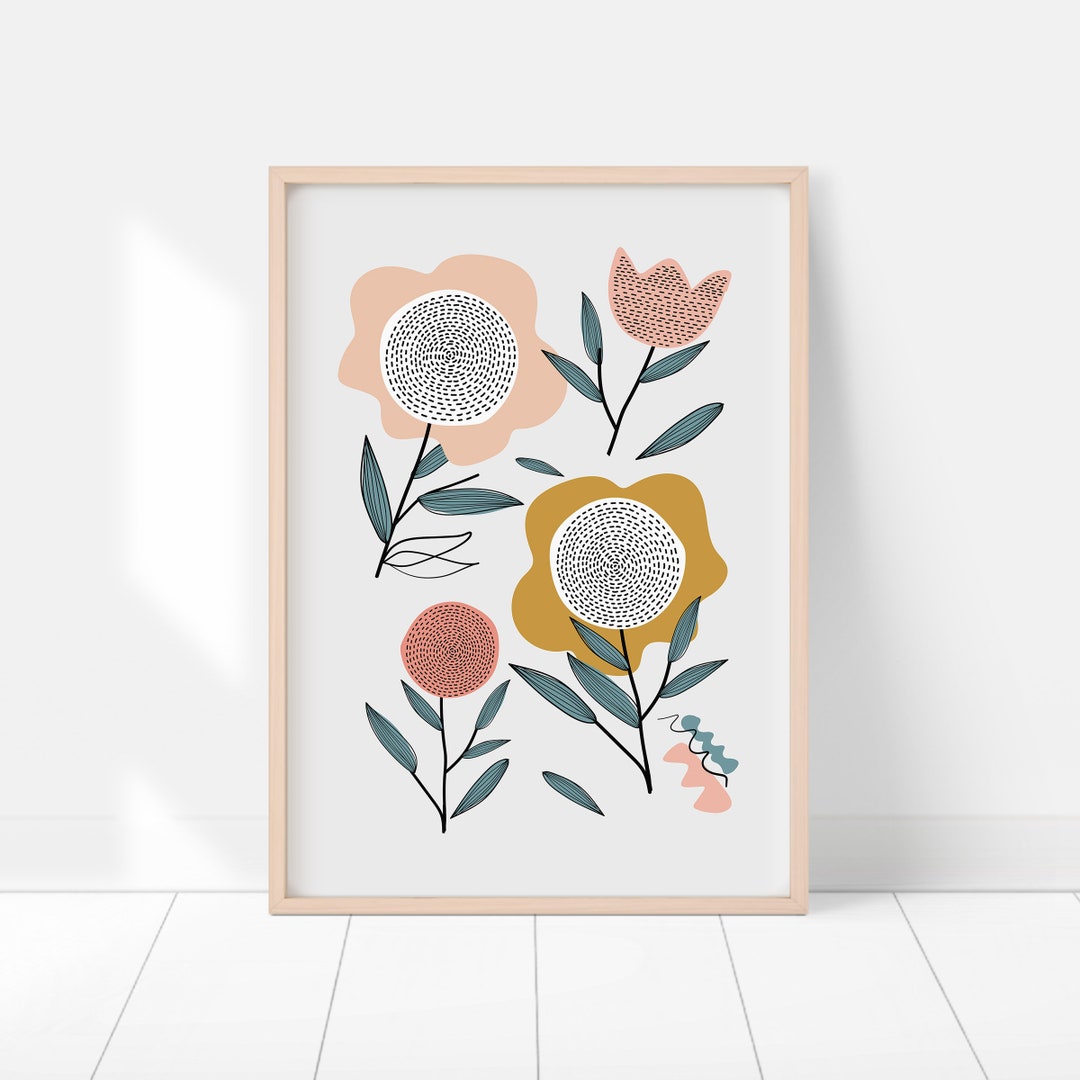 Retro Flower Print, Abstract Flower Art, Printable Wall Art, Digital ...