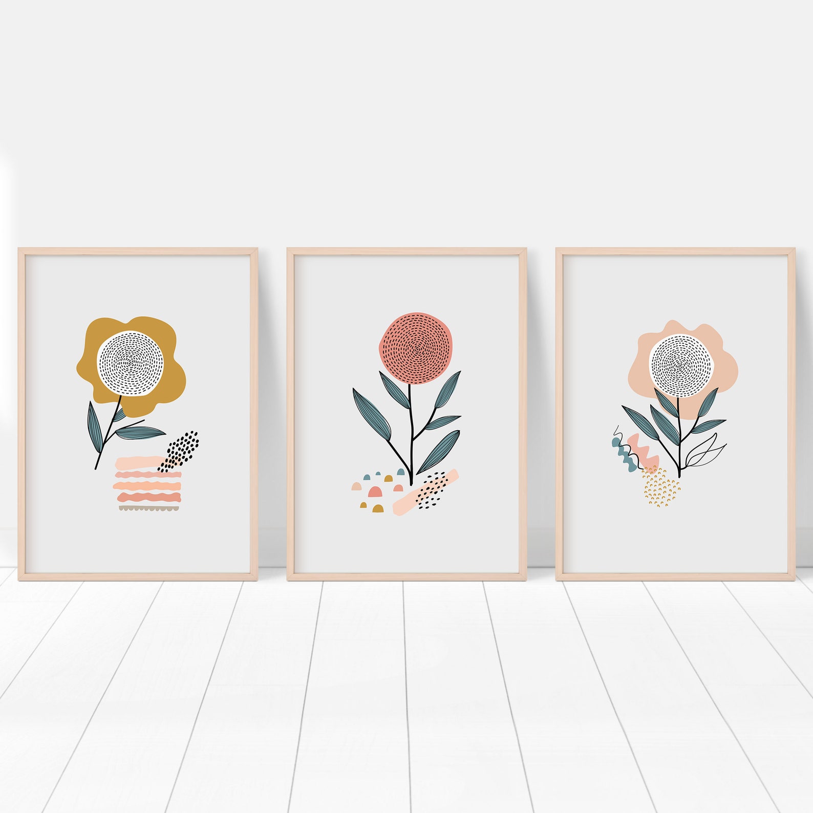 Retro Flower Abstract Print Set of Three 3 PRINTABLE - Etsy