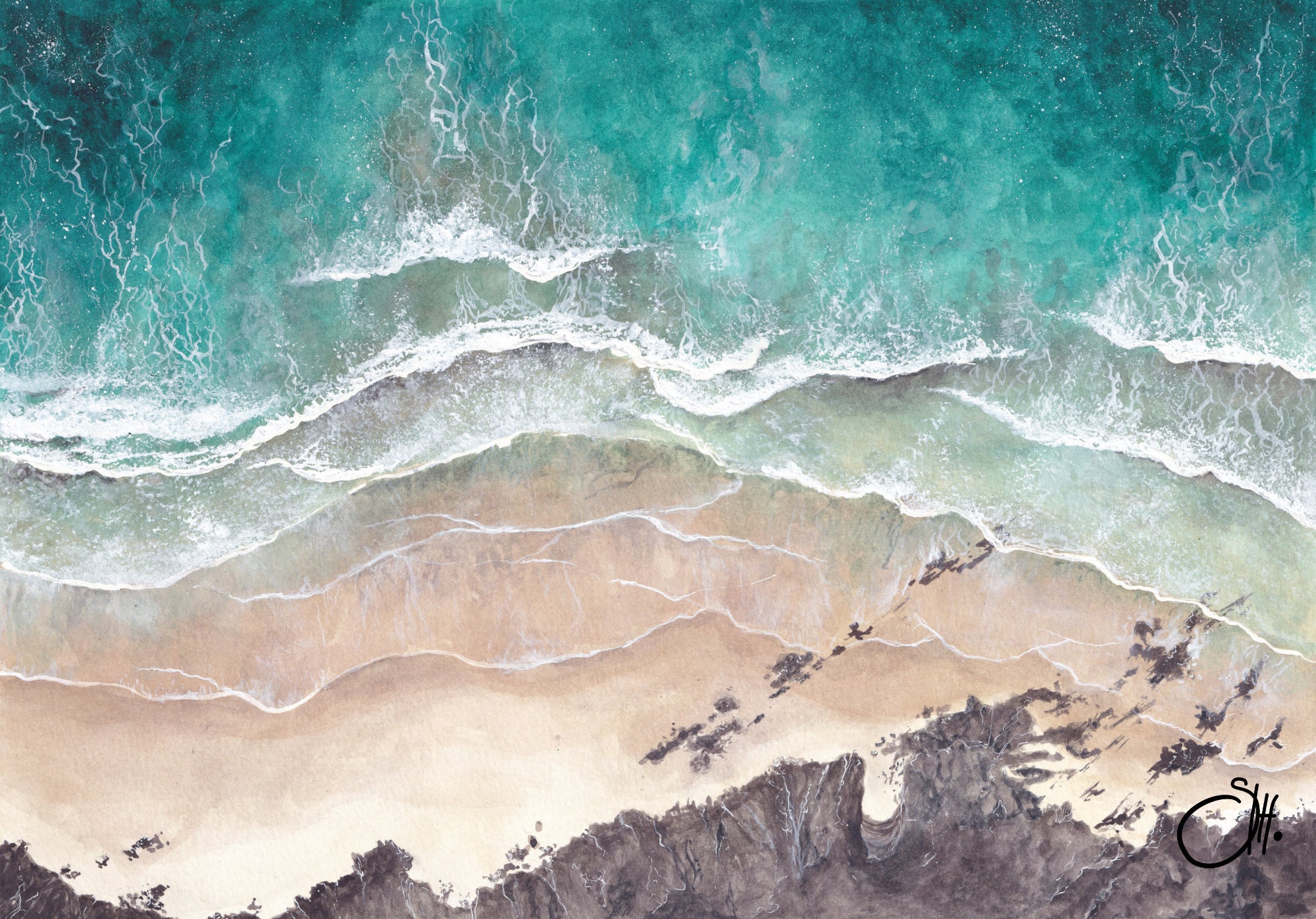 Art Print Watercolour Beach Scene Aerial Perspective - Etsy