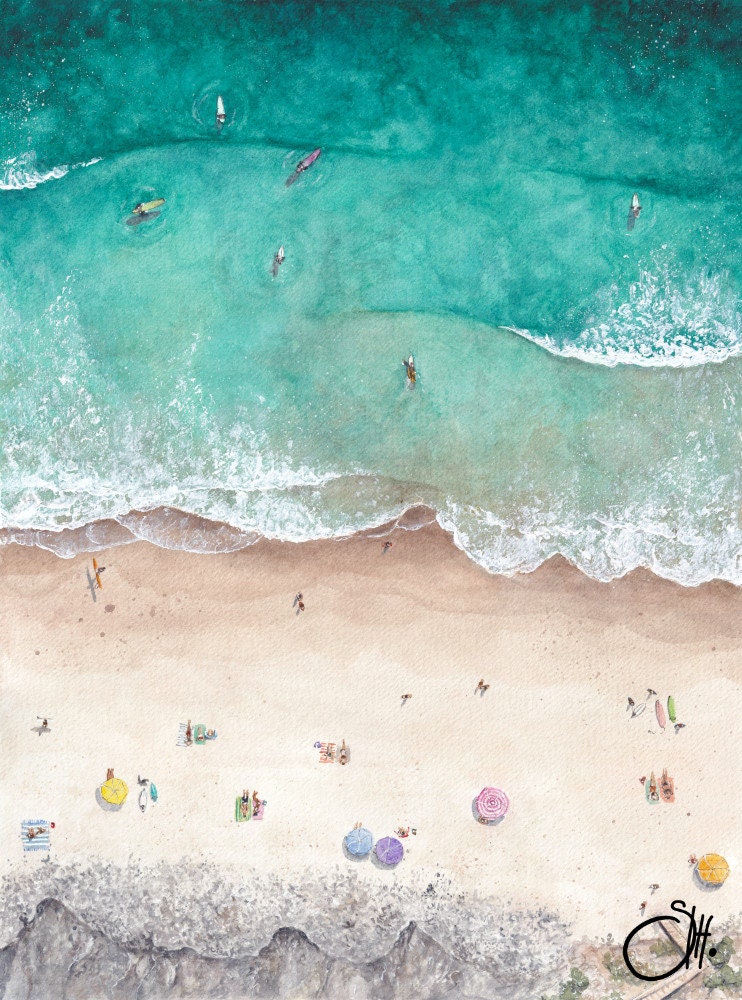 Art Print, Watercolour Beach Scene With Surfers, Aerial Perspective - Etsy