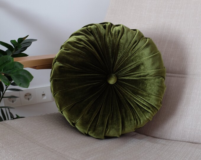 Green Velvet Pillow, Circle Pillow, Velvet Pillow, Dark Green Pillow ...