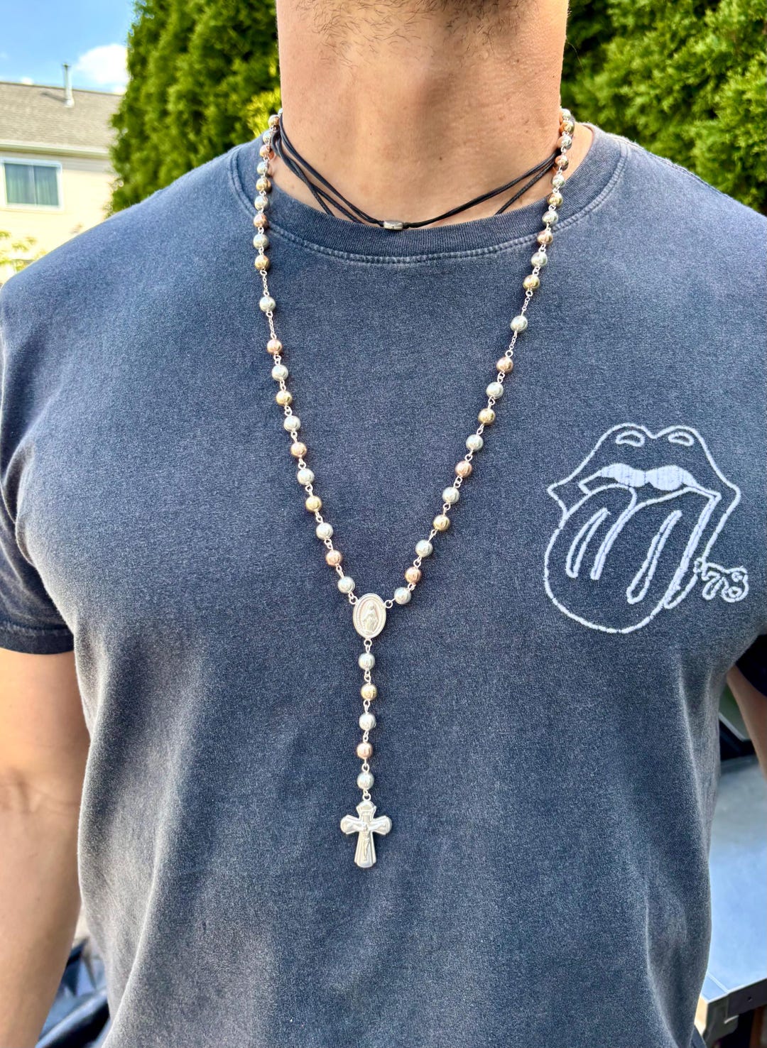 Silver 925 Rosary Necklace 10k Gold 3 Laminated , 3 Colors, 28 Inches ...