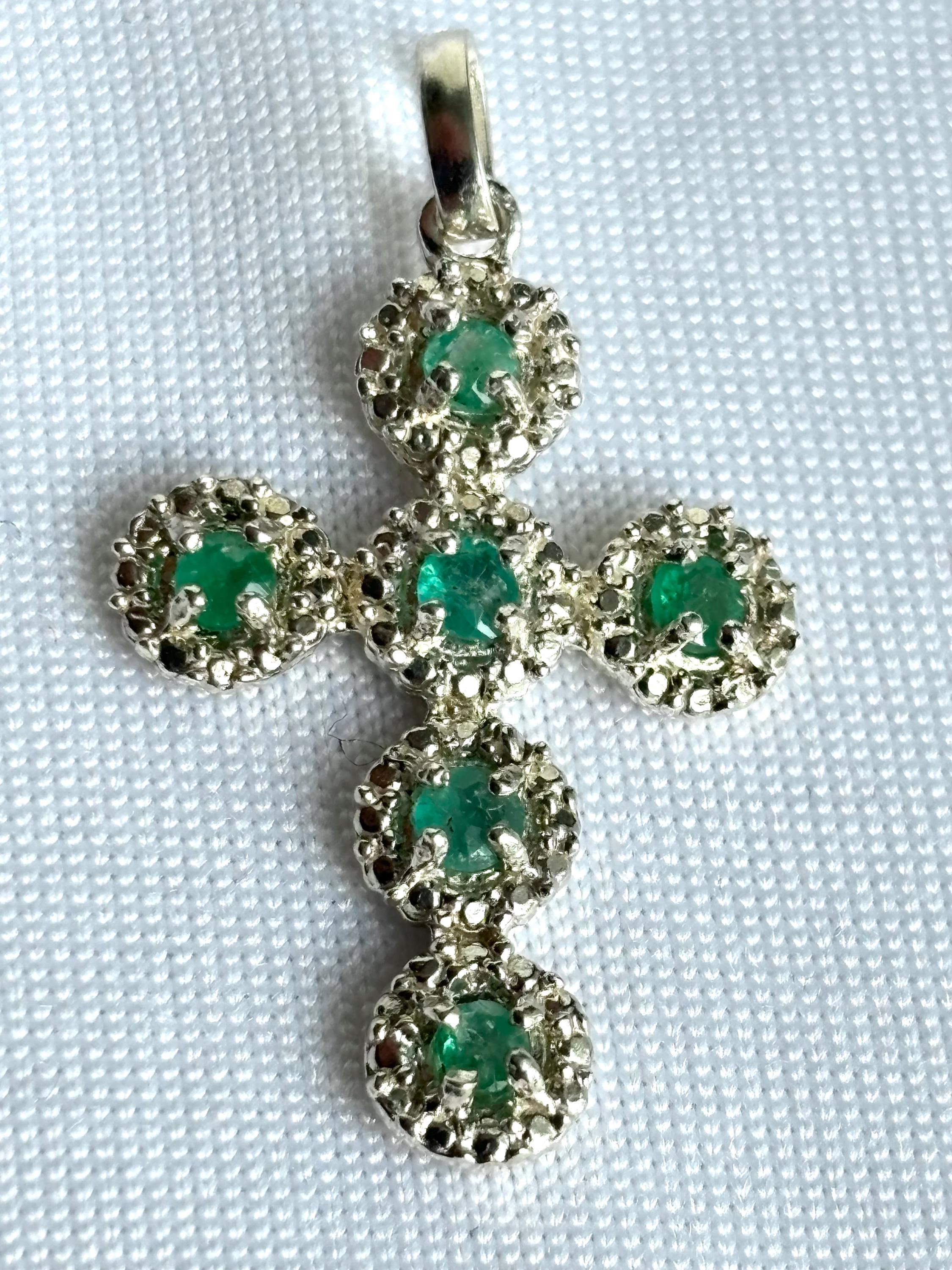 Colombian Emerald Cross Pendant: Art Deco 925 Silver, Natural Gemstone ...