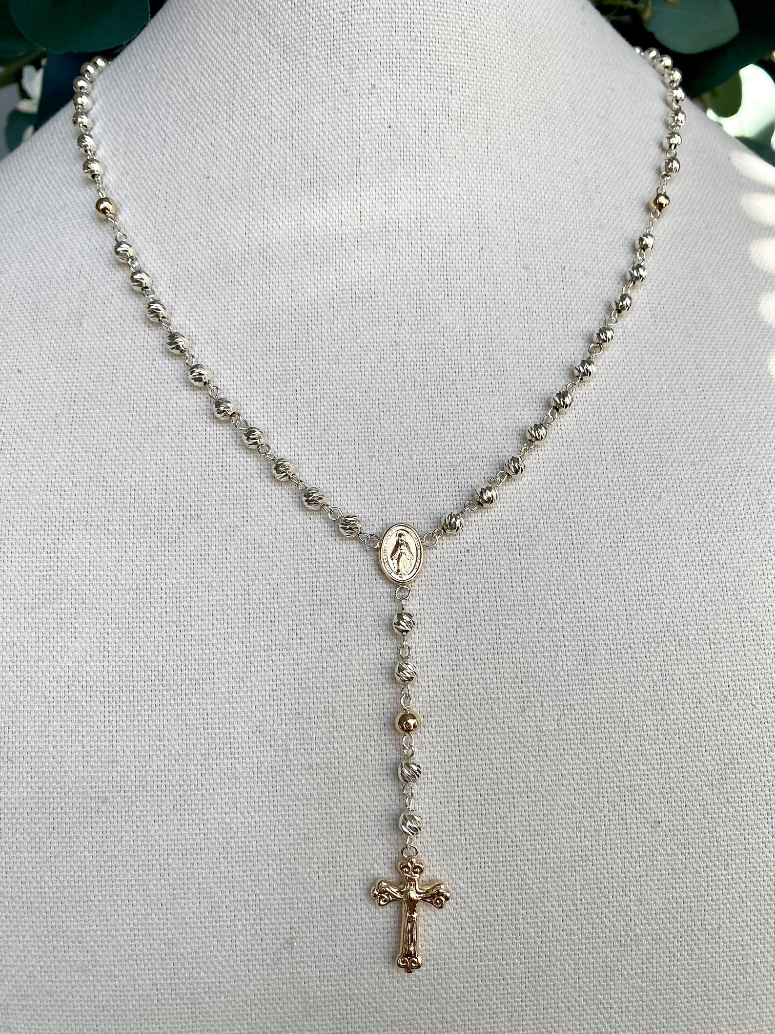 Silver 925 Rosary Necklace: Diamond Cut Balls, 10k Gold Laminated - Etsy