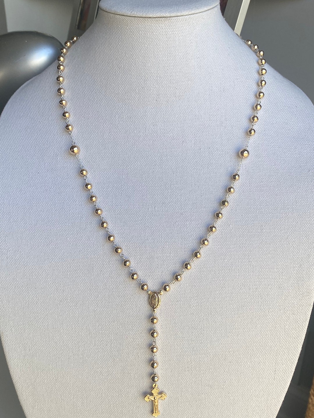Silver 925 Rosary Necklace 10k Gold Laminated , Length 25 Inches , 20 ...