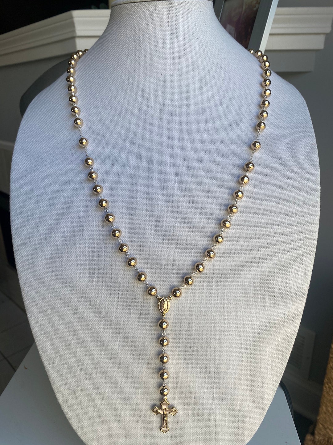 Silver 925 Rosary Necklace 10k Gold Laminated , Length 29 Inches , 28 ...
