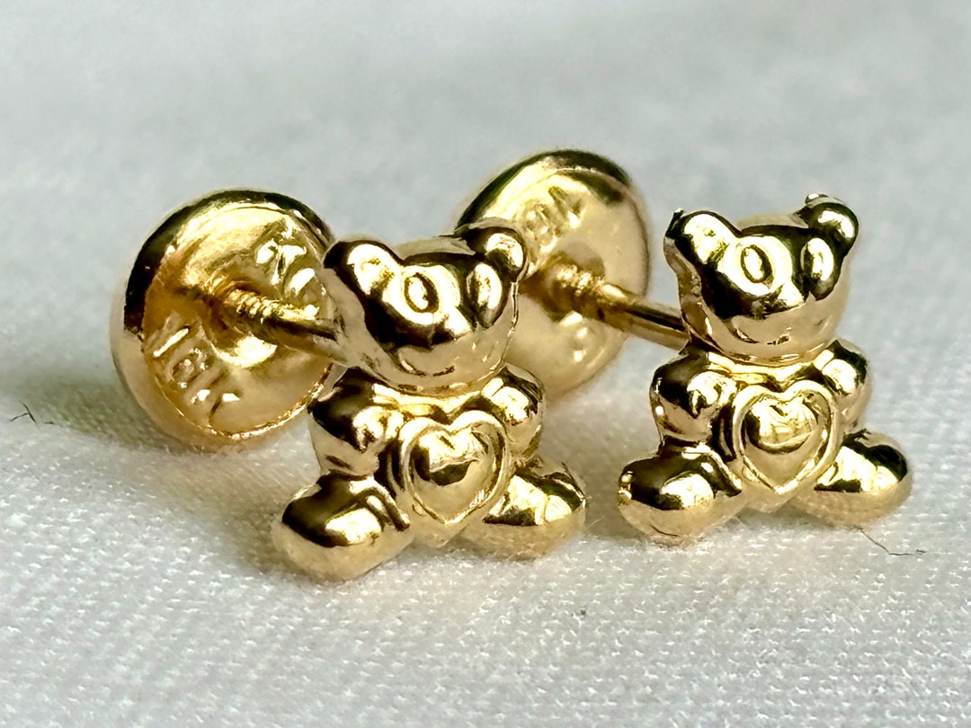 18k Solid Real Gold Earrings: Teddy Bear Earrings • Screw Back - Etsy
