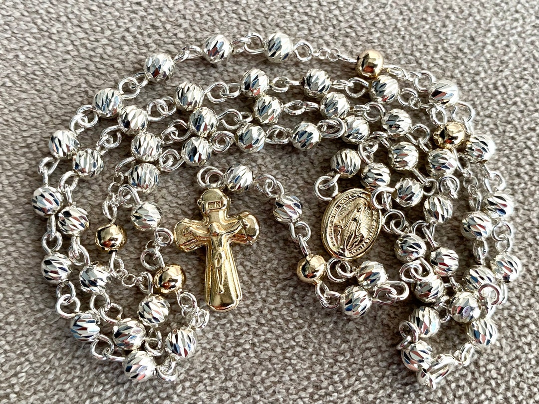 Silver 925 Rosary Necklace: Diamond Cut Balls, 10k Gold Laminated - 20 ...