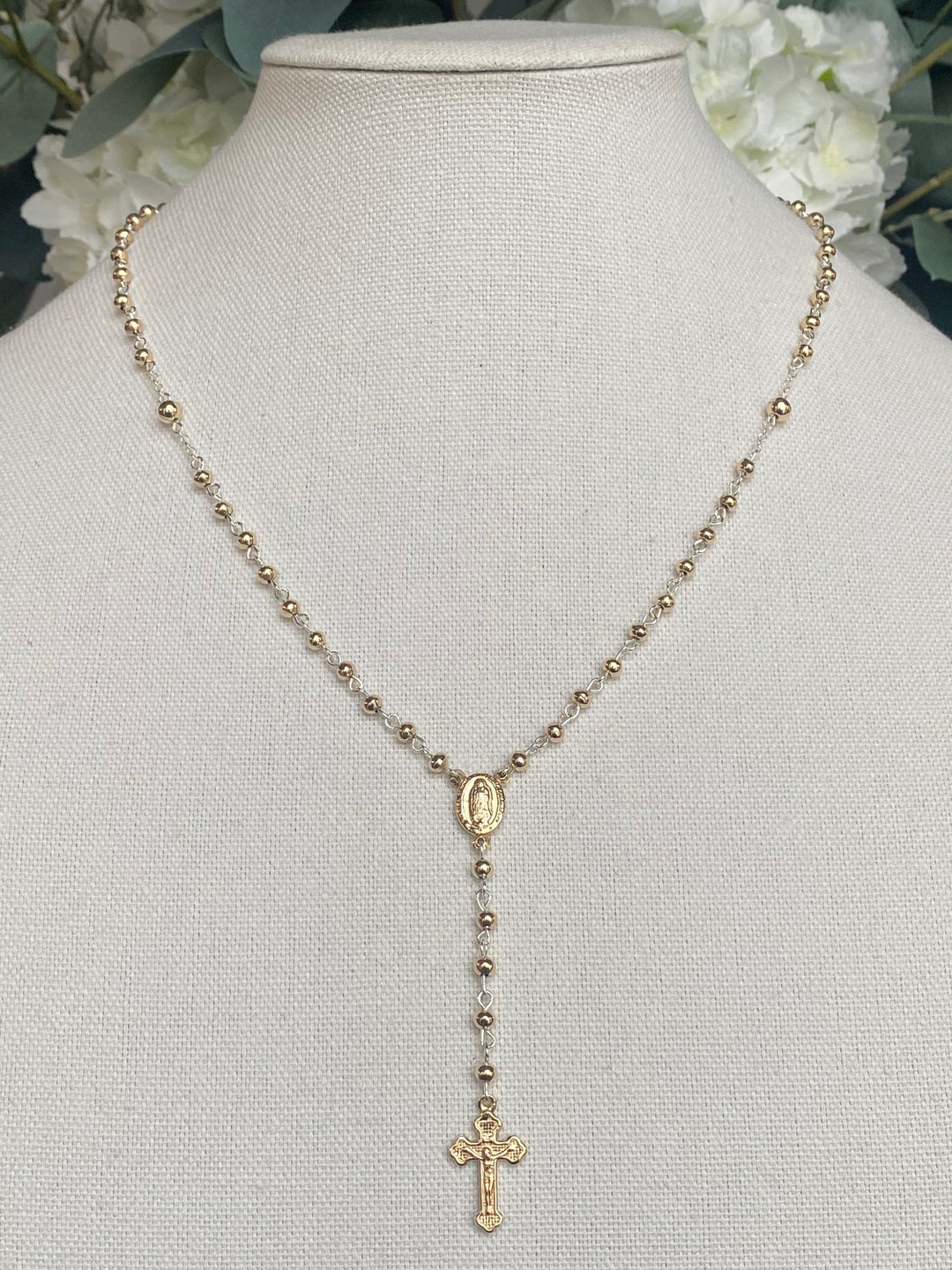 Silver 925 Rosary Necklace 10k Gold Laminated , Length 21 Inches , 9 ...