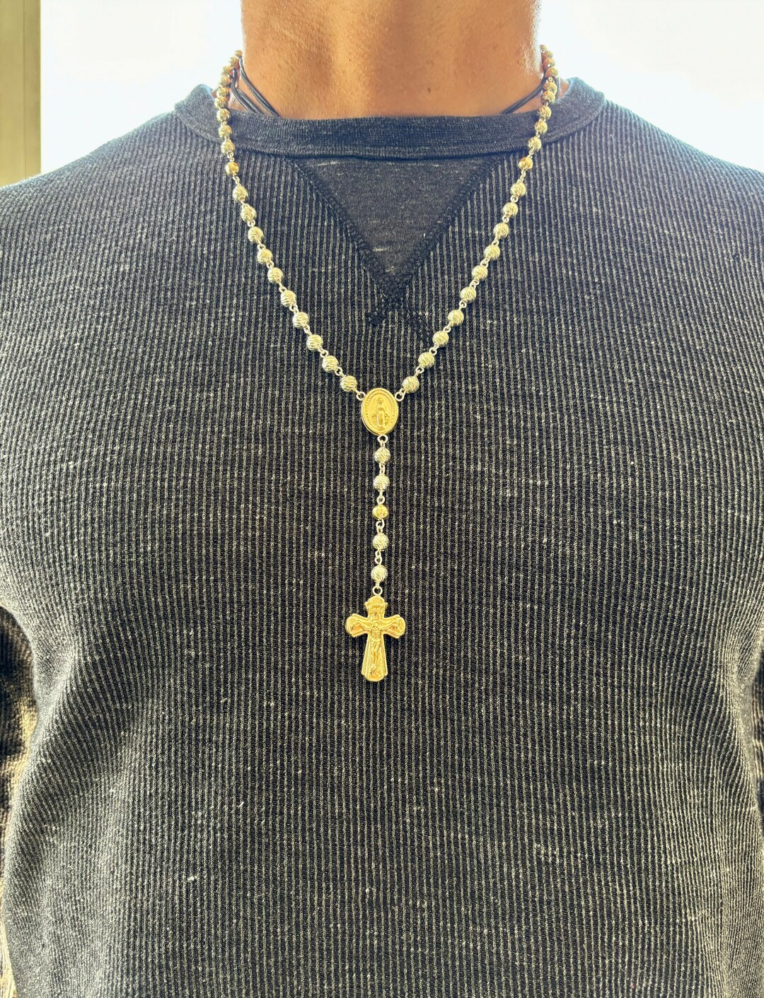 Handmade 925 Silver Rosary Necklace: 10k Gold Laminated Diamond Cut ...