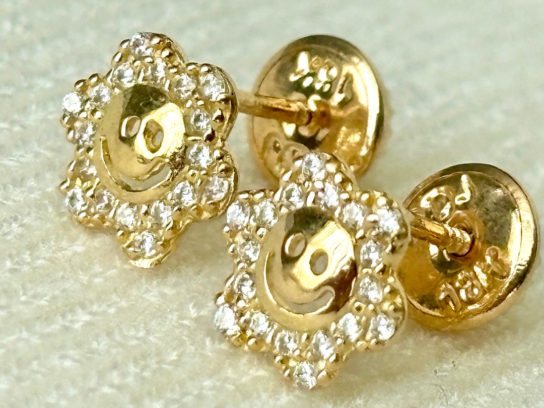 18k Solid Real Gold Smile Face Star Earrings • Screw Back - Etsy