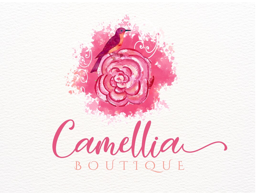 Camellia Flower Logo, Bird Logo, Pink Watercolor Logo, Florist Logo ...