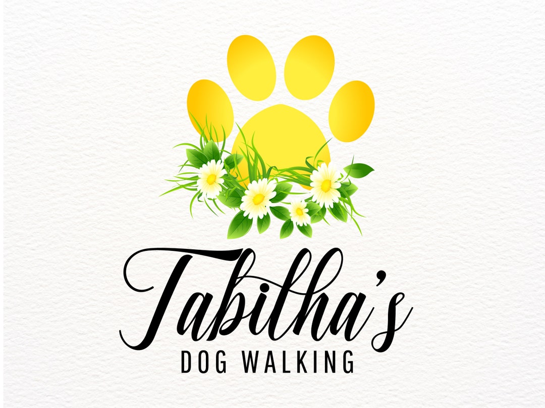 Yellow Paw Print Logo, Modern Pet Logo, Daisy Flowers, Custom Dog Logo ...