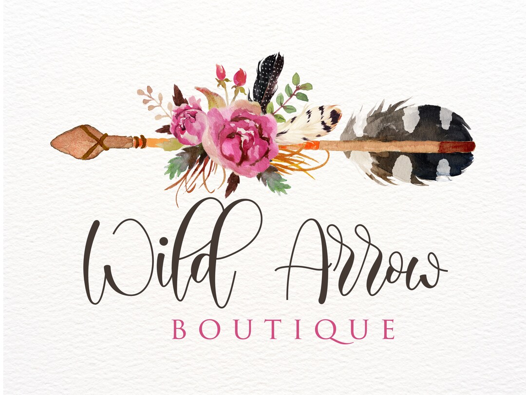 Arrow Logo, Boho Logo, Feather Logo, Bohemian Feathers, Watercolor Pink ...