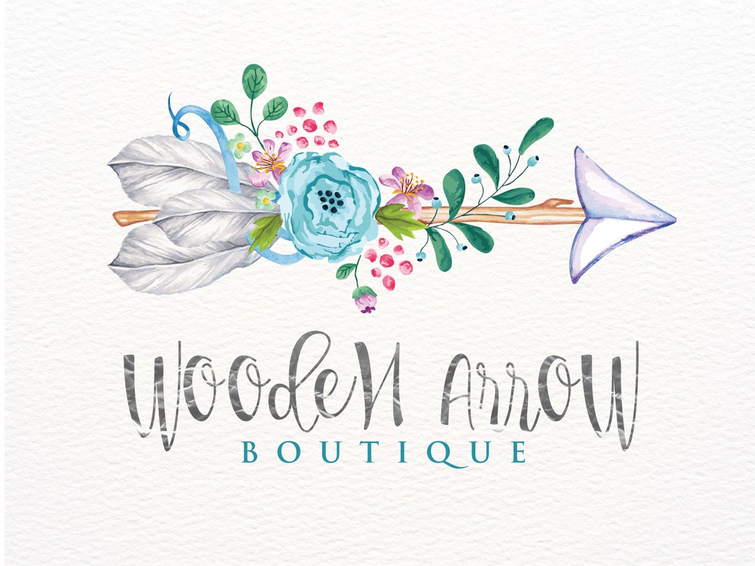 Premade Logo Arrow Feather Boho Blue Floral Branding, Bohemian Rustic ...