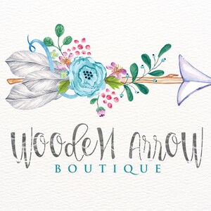 Premade Logo Arrow Feather Boho Blue Floral Branding, Bohemian Rustic ...