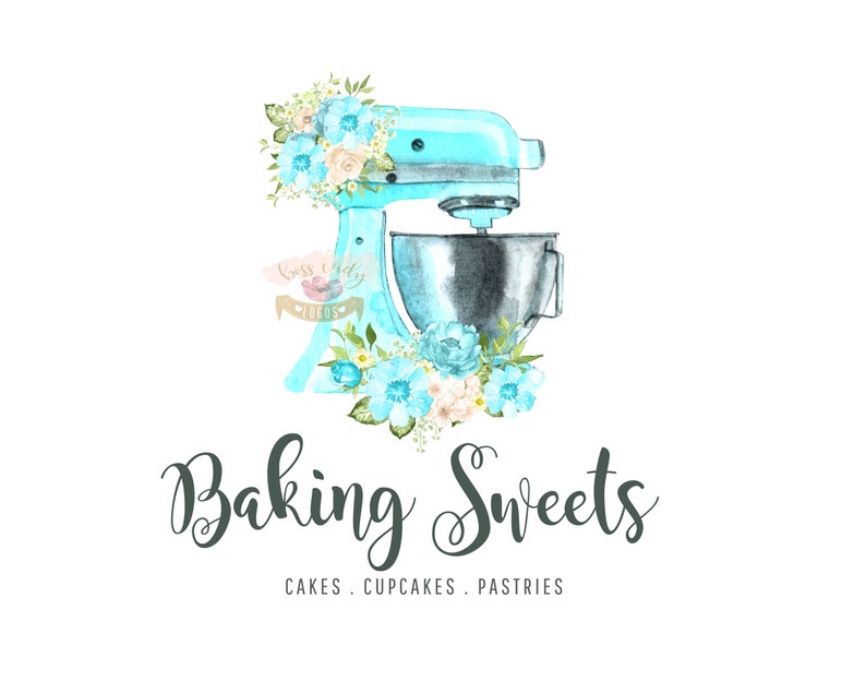 Mixer Logo Bakery Logo Turquoise Flowers Baking Logo Home | Etsy