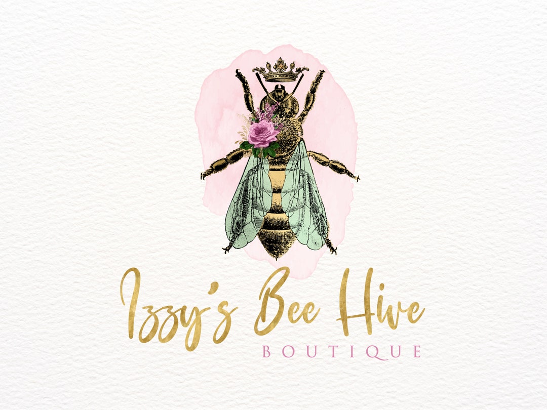 Bee Logo, Queen Bee, Vintage Bee Logo Design, Rustic Bee, Pink Floral ...