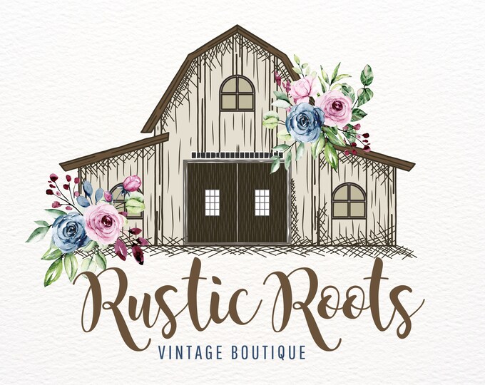 Barn Logo, Wood Logo, Farm Logo, Custom Logo, Branding, Watercolor Pink ...