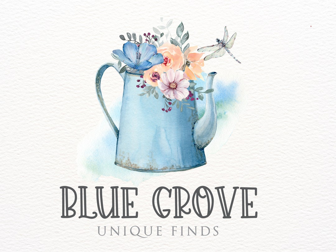 Watering Can Logo, Gardening Logo, Watercolor Flowers, Blue, Garden ...