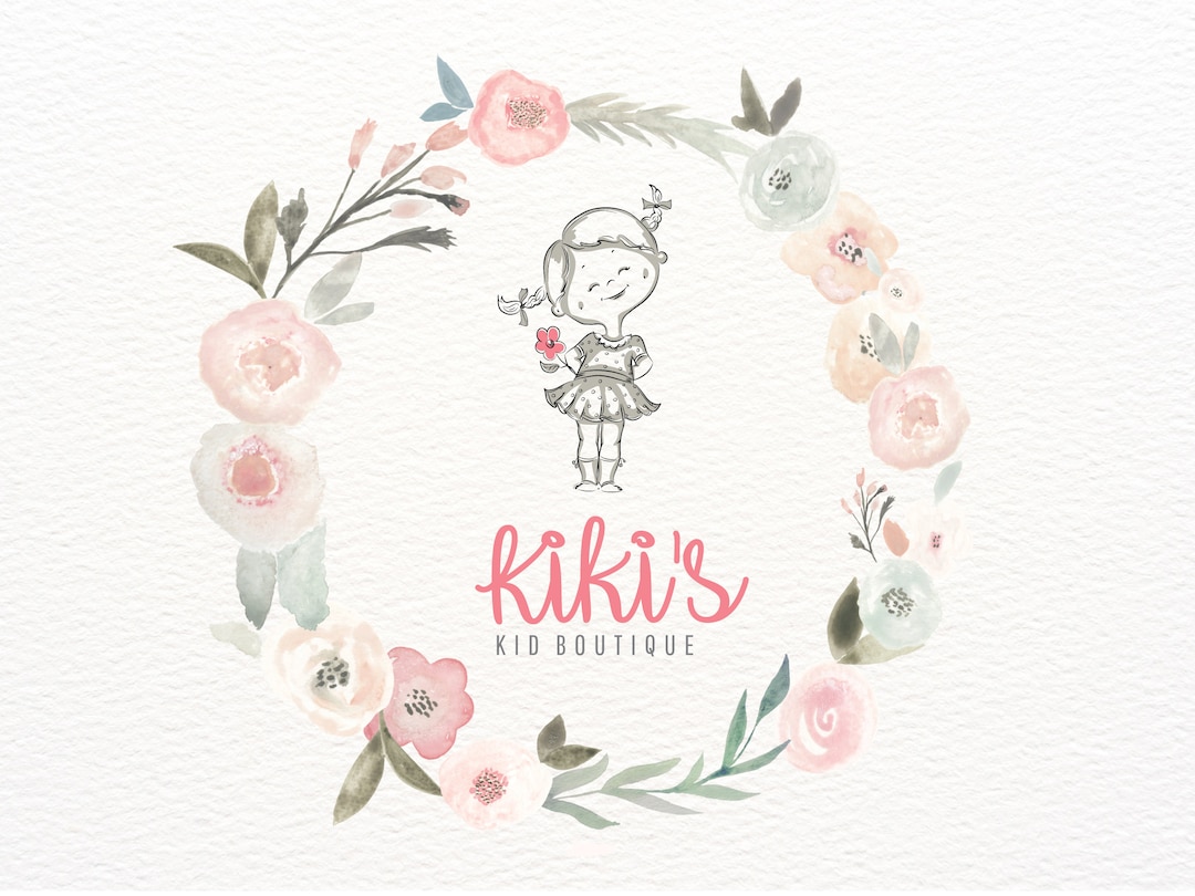 Kids Boutique Logo, Little Girl Logo, Watercolor Floral Wreath ...