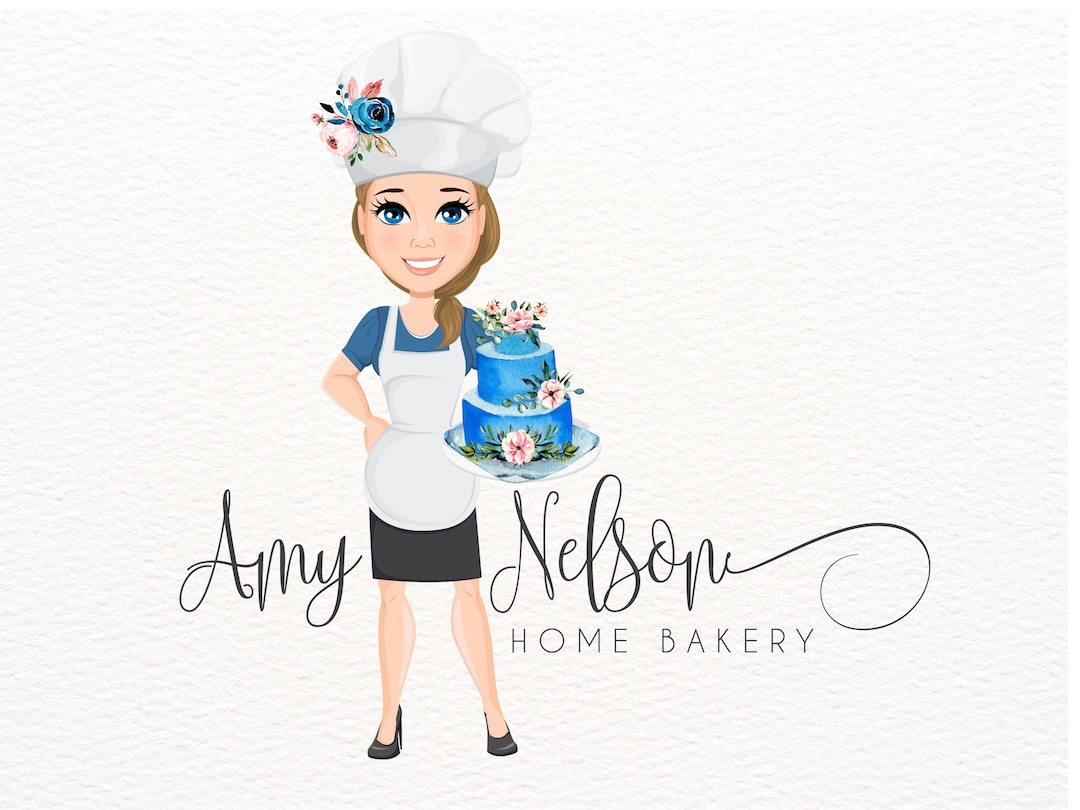 Home Baker Logo, Bakery Woman Mascot, Blue Watercolor Cake, Baking ...