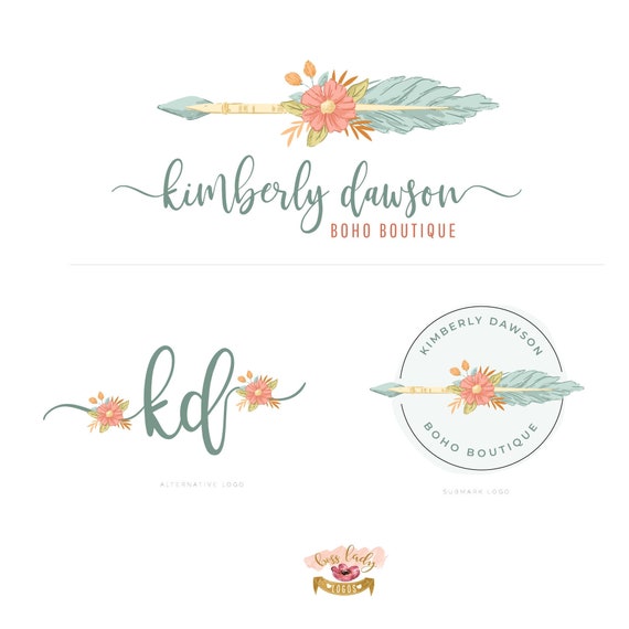 Watercolor Feather Logo Branding Kit Premade Boho Logo | Etsy