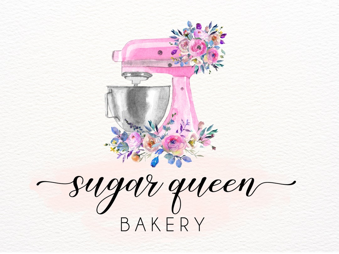 Bakery Logo, Pink Mixer Watercolor, Premade Baking Logo, Hand Painted ...