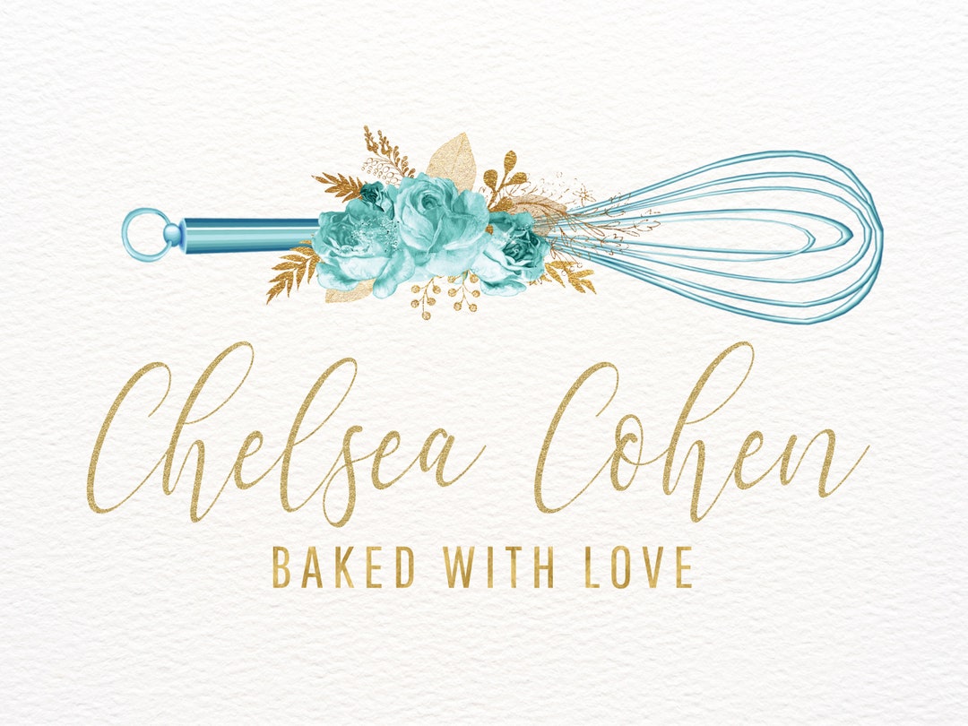 Whisk Logo, Bakery Logo, Gold Glitter, Turquoise Watercolor Flowers ...