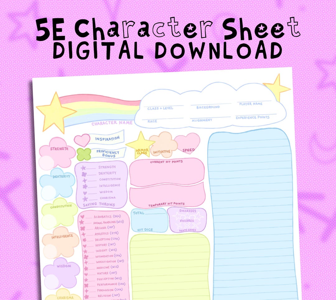 Pastel Rainbow D&D 5e Character Sheet DIGITAL Download, Kawaii Cute ...