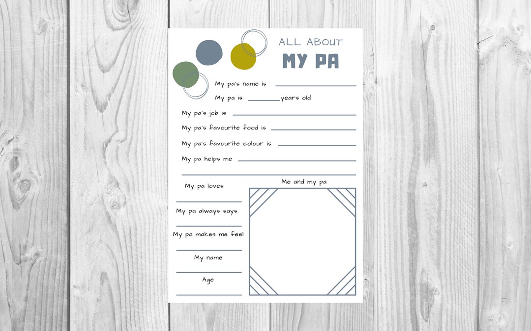 All About My Pa Printable Quiz - Blue, Green and Mustard Circles Design ...