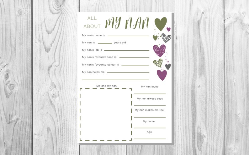 All About My Nan Printable Quiz - Green and Purple Hearts Design - Etsy