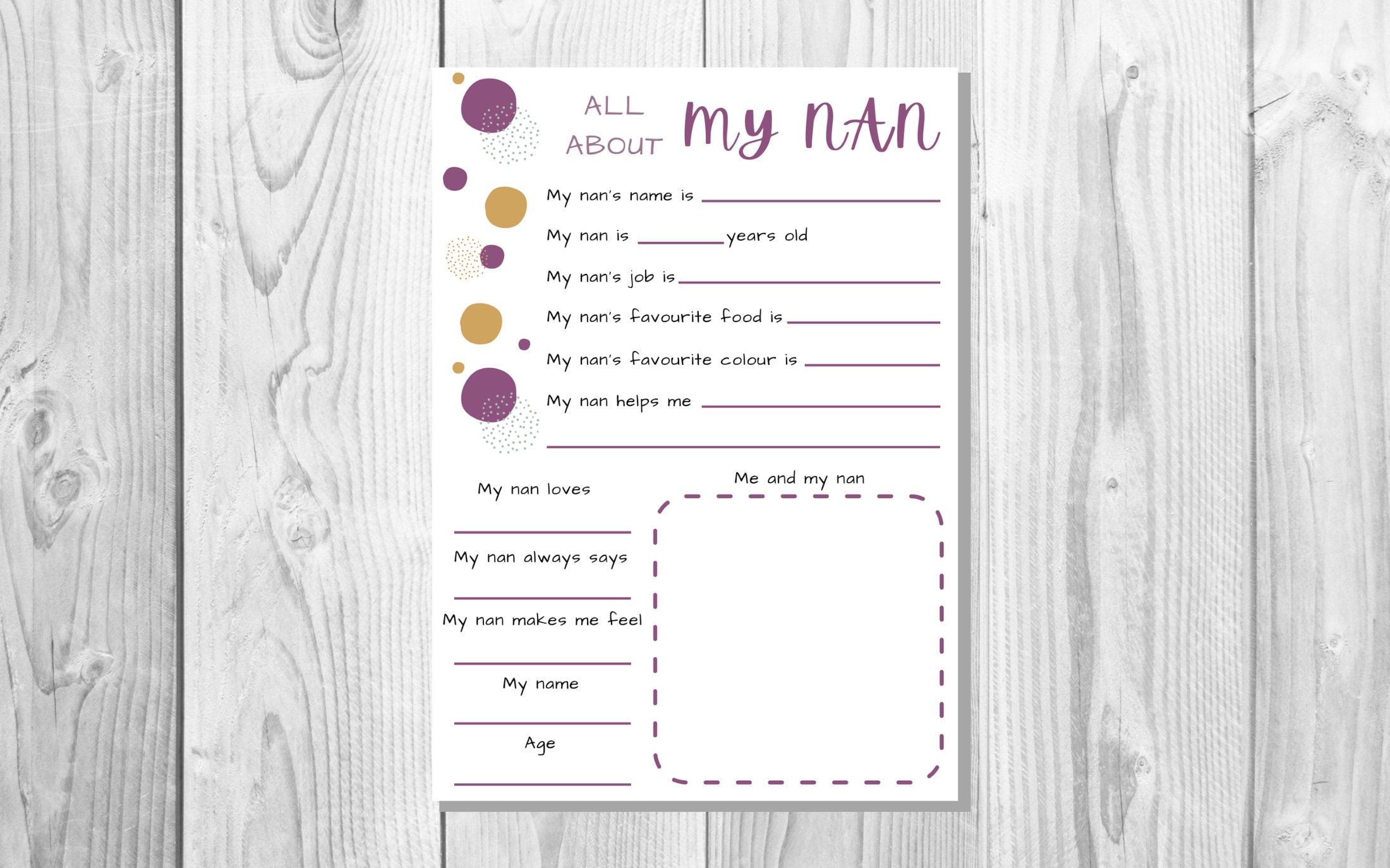 All About My Nan Printable Quiz - Purple and Gold Circles Design - Etsy