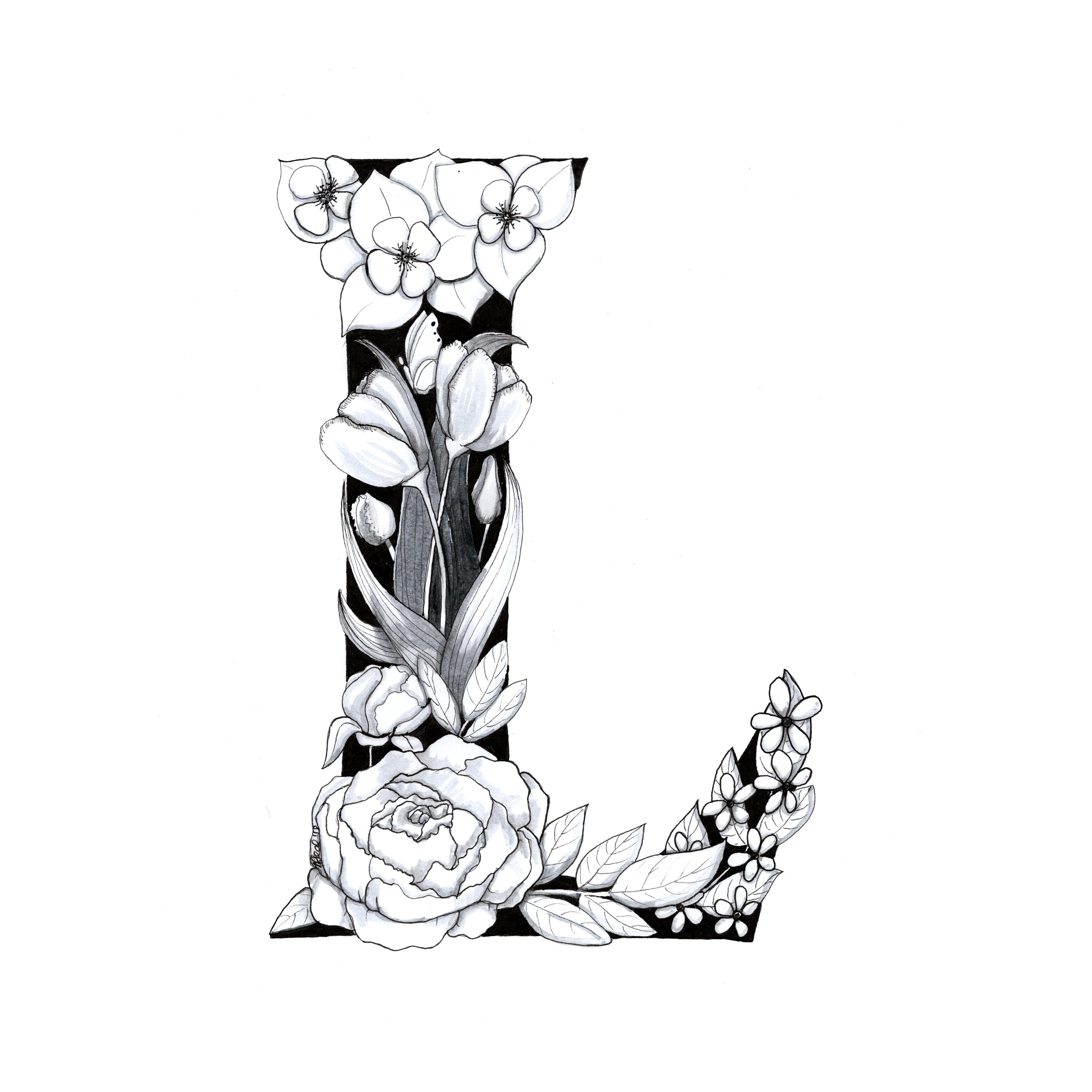 PRINTABLE Monogram Letter L Digital Print Hand Drawn Pen and | Etsy