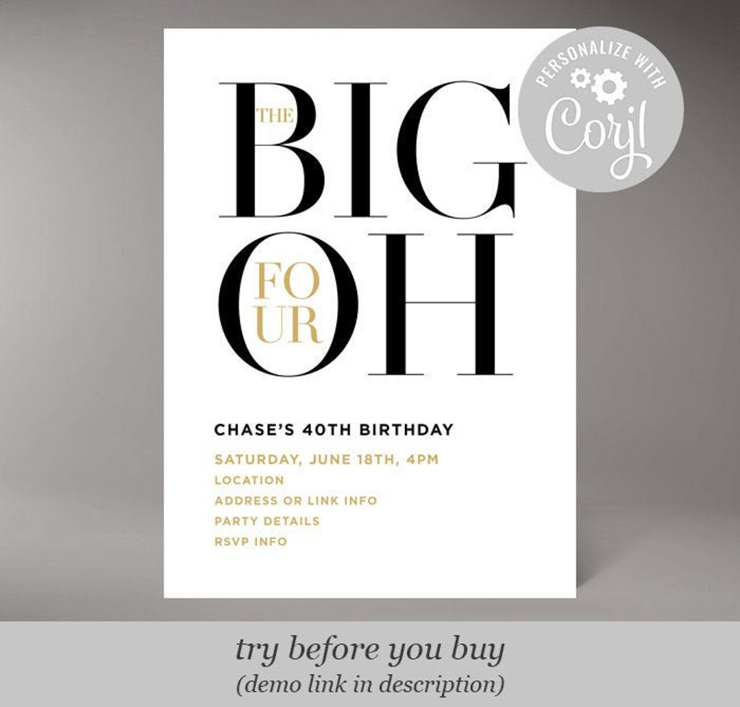 The BIG 40 Four 0 Forty 40th Birthday Invite Corjl Template Printable ...