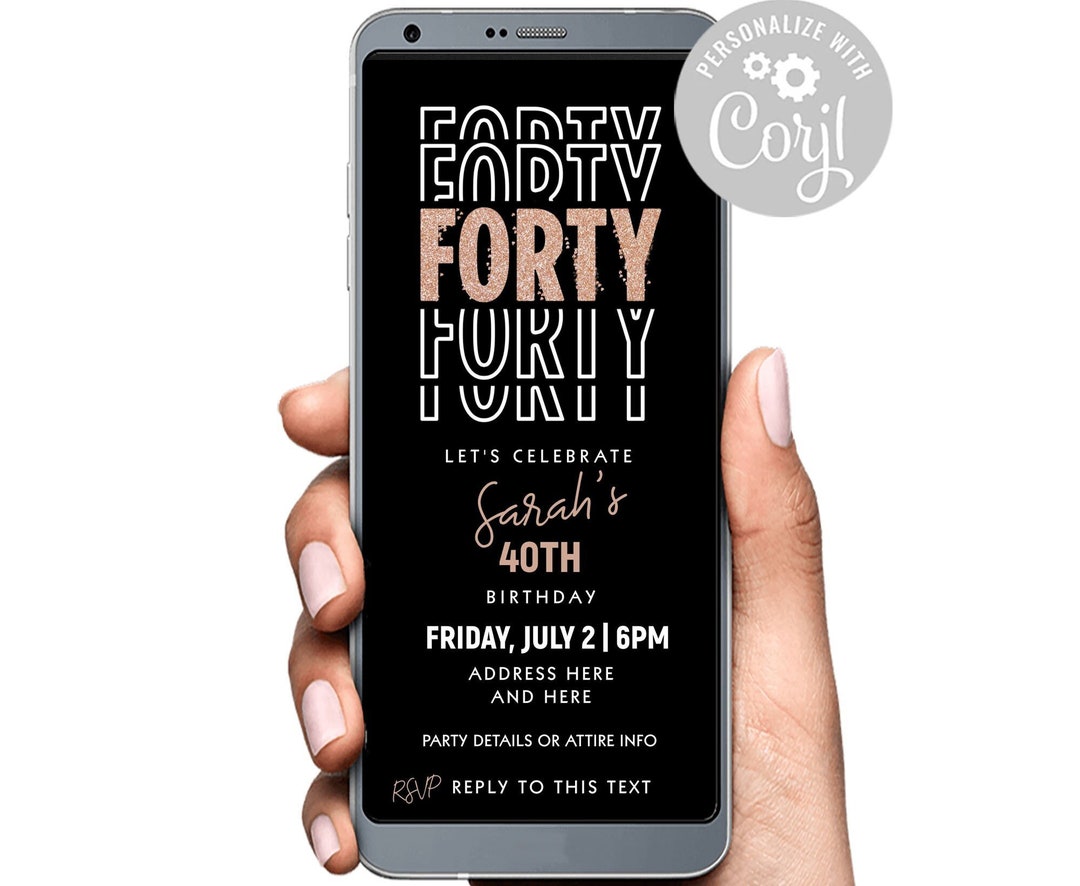 Rose Gold Glitter 40th Birthday Invitation Forty Fortieth Digital Text ...