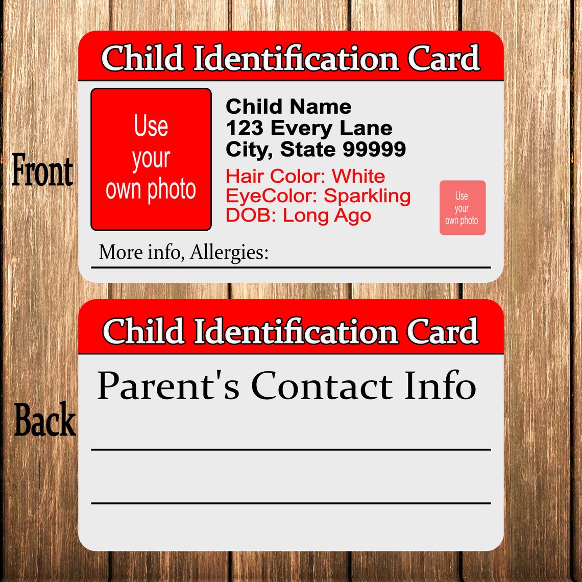 Custom Child Identification Card Double Sided Add Your Info - Etsy