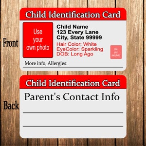Custom Child Identification Card, Double Sided Add Your Info and Kid's ...