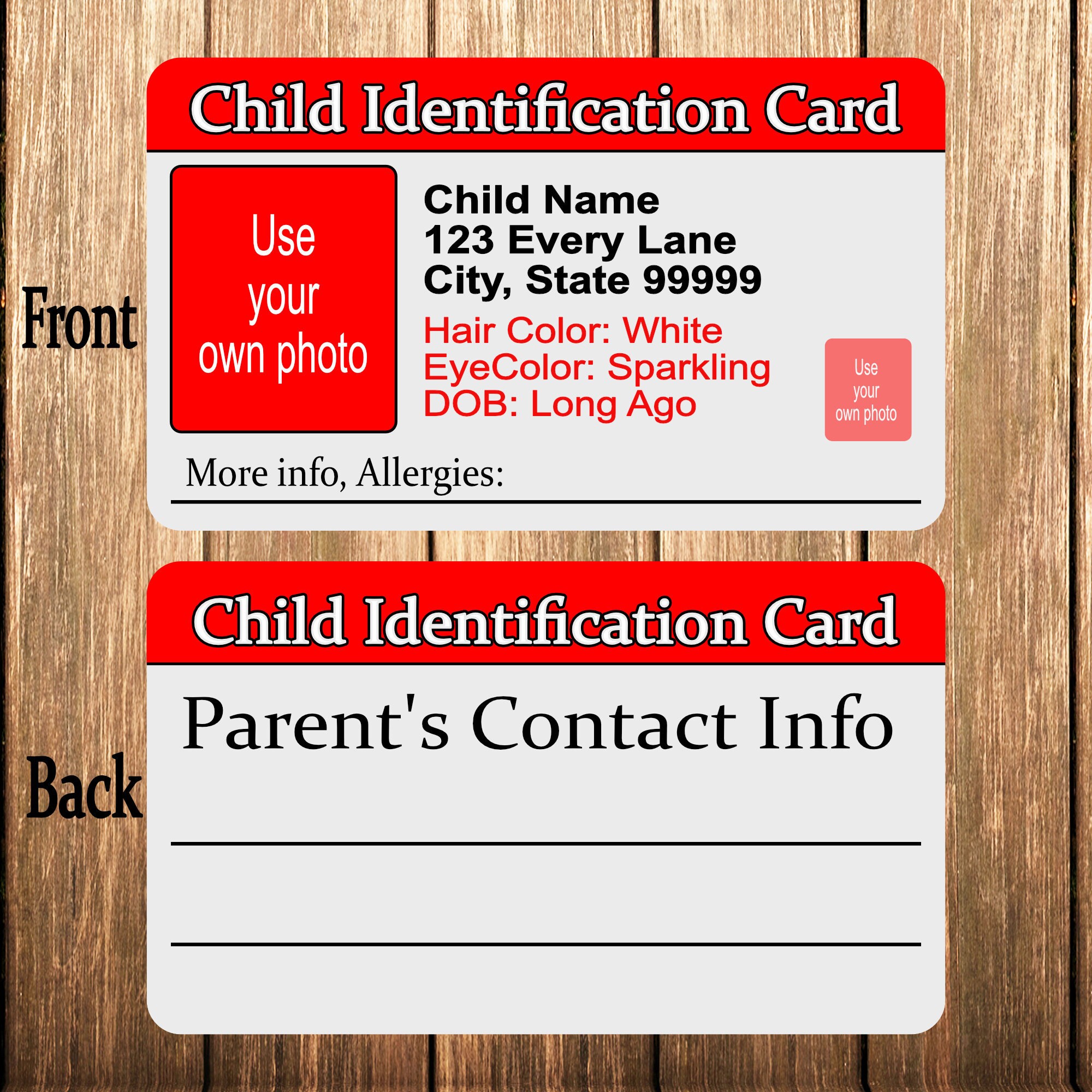Custom Child Identification Card, Double Sided Add Your Info and Kid's ...