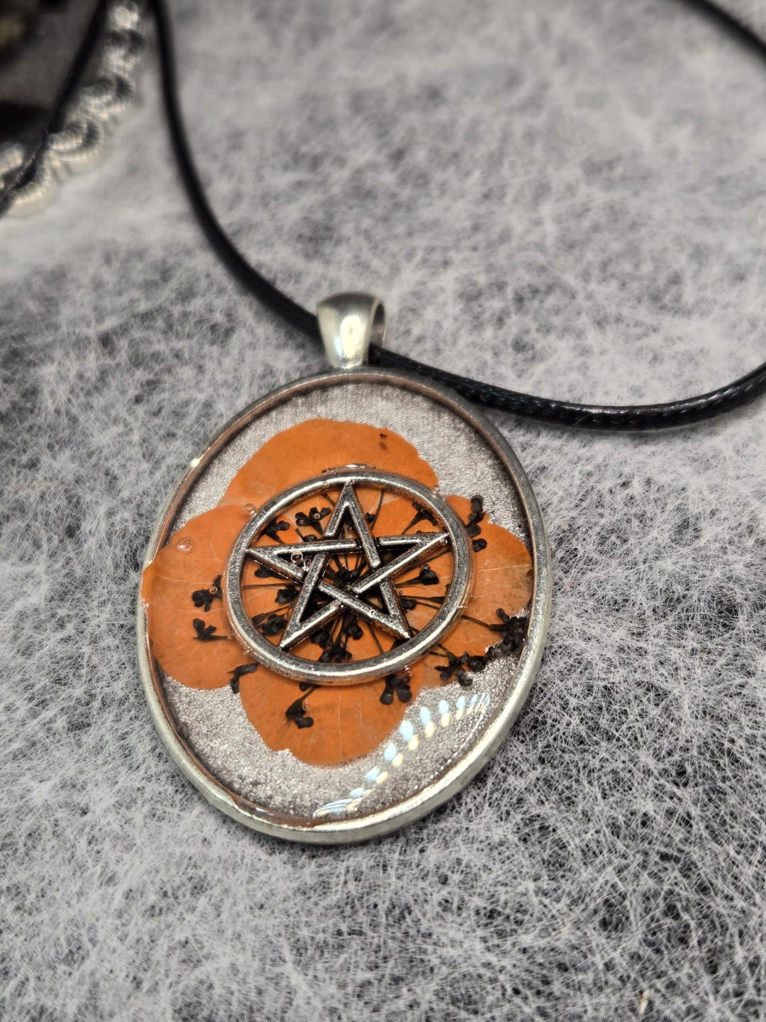 Pentacle With Orange and Black Flowers in Resin on Steel Bezel ...
